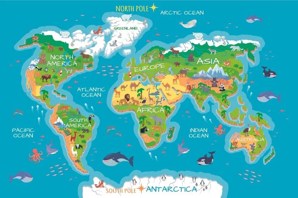 Samolepící tapeta zeměpisná mapa světa pro děti - 225x150 cm