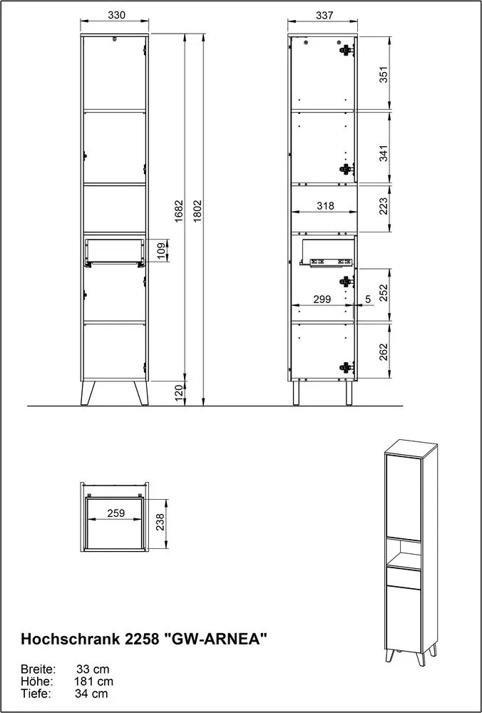 Krémová matná vysoká koupelnová skříňka 33x181 cm Arnea – Germania