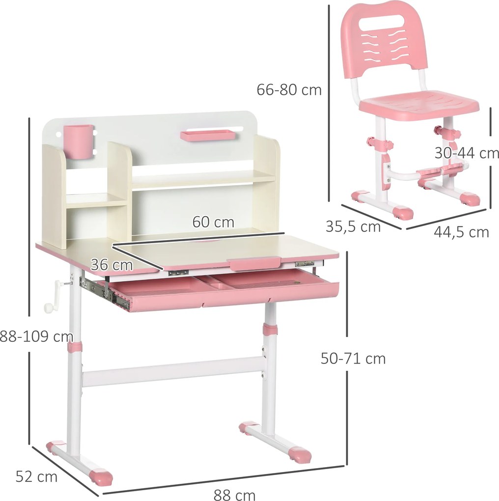 HOMCOM Dětský stůl a židle pro děti 3+ let S nastavitelnou výškou a sklopným stolním povrchem, zásuvkou a knihovnou 80x52x88-109 cm a 35.5x44.5x66-80…