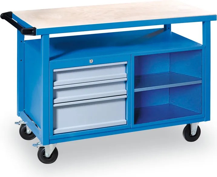 Pojízdný pracovní stůl do dílny GD, smrk + oboustranně dýhovaná smrková překližka, 3 zásuvky, 1 police, 1190 x 600 x 850 mm, šedá