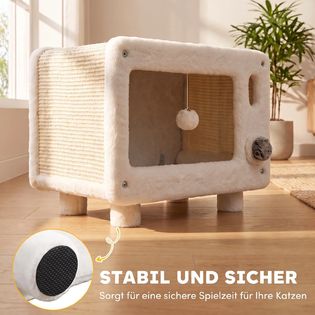 PawHut Kočičí dům ve stylu TV, kočičí jeskyně s houpací sítí a hracím míčkem, škrábací rohož z lnu, pro kočky do 7 kg, 50 x 33 x 42 cm