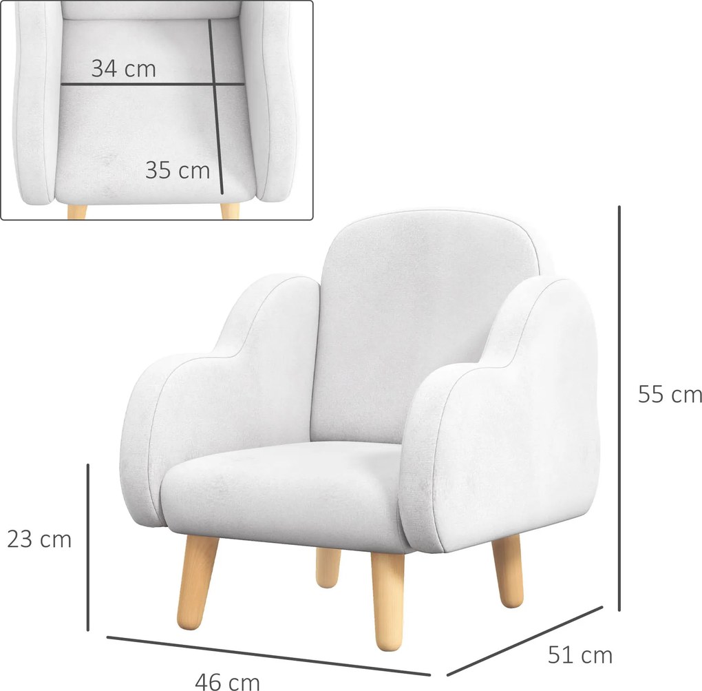 Dětské křeslo ZONEKIZ Infant s designem mraků, super jemné na dotek a 4 nohama pro děti 18-36 měsíců, nosnost 40 kg, 46x51x55 cm Bílá
