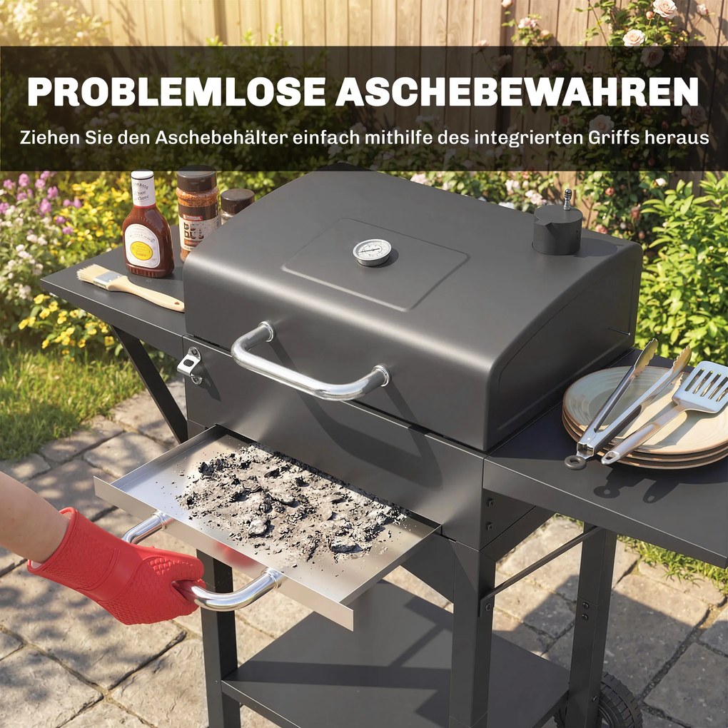 Outsunny gril na dřevěné uhlí s poklopem — BBQ vozík s 2 bočními stolky, velká grilovací plocha, teploměr a kolečka, 110 x 46,5 x 101 cm (černý)