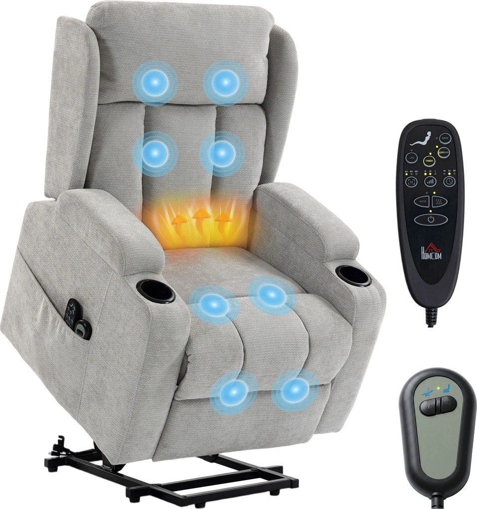 HOMCOM Elektrické křeslo s vybavením na vstávání s masáží a vytápěním, elektrické relaxační křeslo z chenillu, sklápěcí opěrka hlavy, světle šedá
