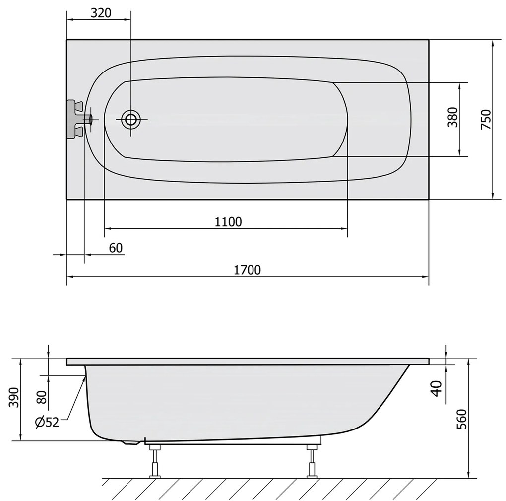 Polysan EBRO obdélníková vana 170x75x39 cm, bílá, 26711