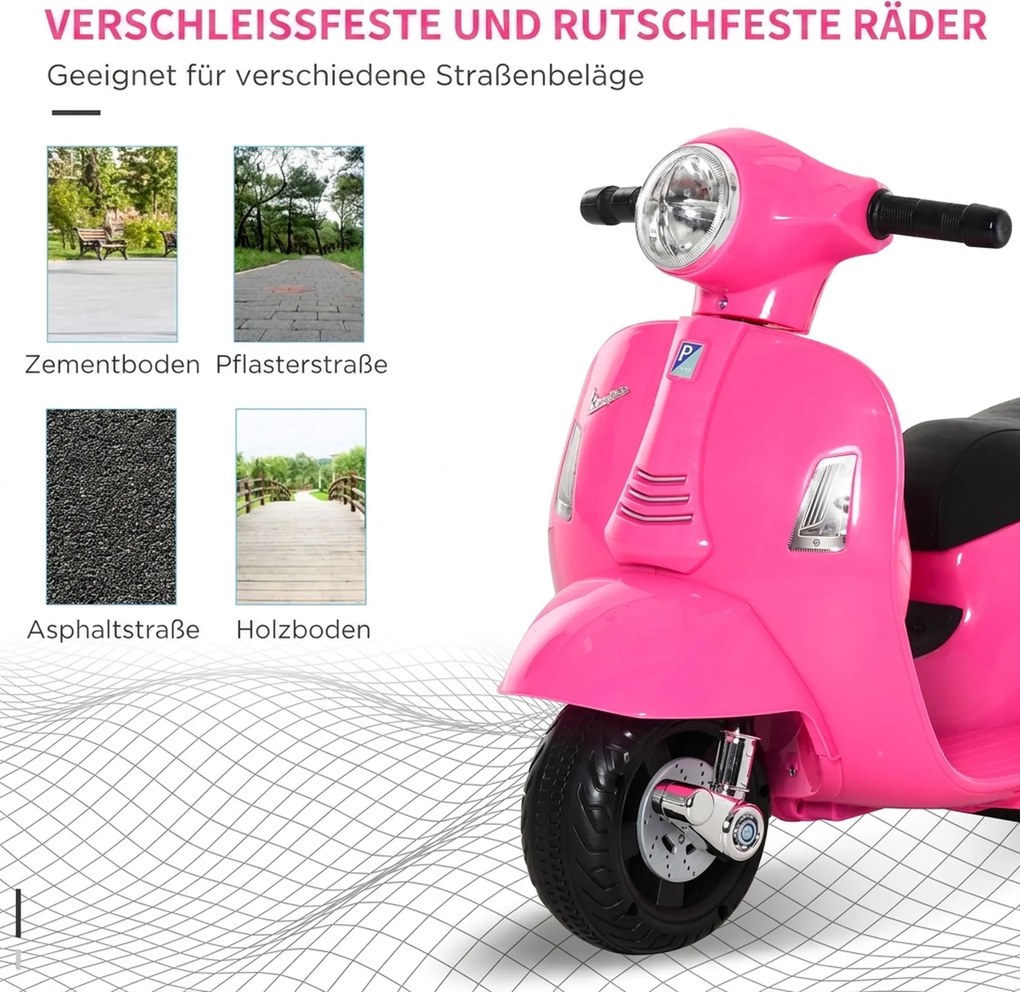 HOMCOM Elektrická Vespa Motorka pro Děti 18-36 Měsíců, 6V Baterie, S Hlavním Světlem, Klaksonem a 4 Koly, Dětská Motorka s Licencí 66.5x38x52 cm Růžo…