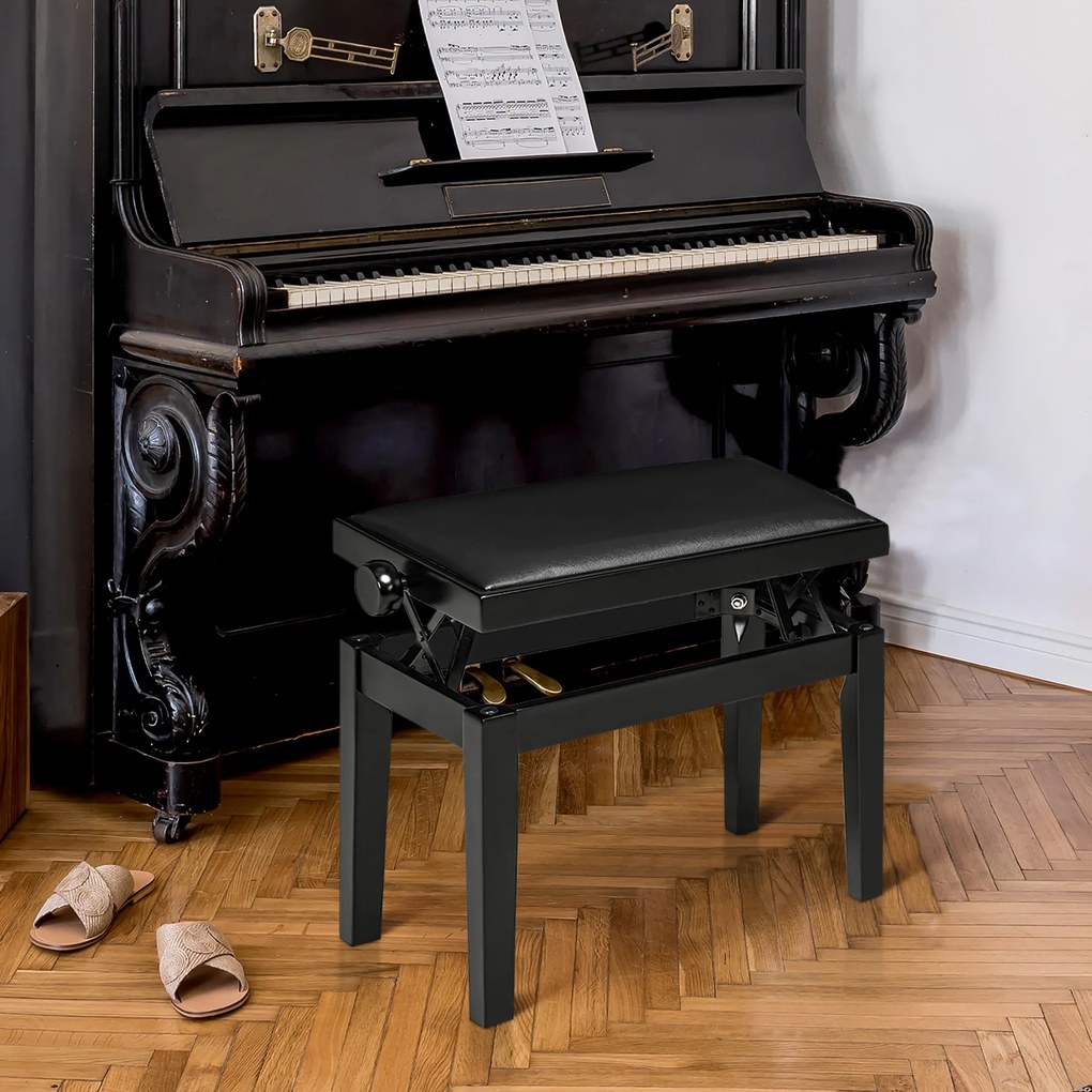 HOMCOM Klavírní stolička Výškově nastavitelná klavírní lavice s koženým polštářem, imitace kůže, gumovník, černá, 63 x 33 x 45-56 cm, ideální pro kla…