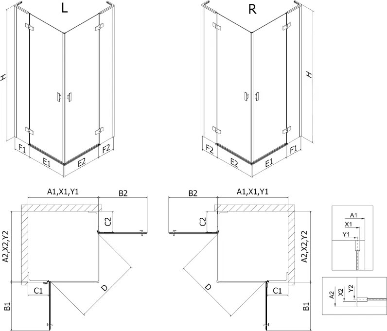 Mexen Mist-H L Duo, 2-křídlý ​​sprchový kout 80 x 70 cm, čiré sklo, měděný matný profil, 8A5L-080L-070P-65-00