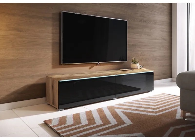 TV stolek Dlone 140, Barva: wotan / černý lesk, Osvětlení: osvětlení LED - bílé