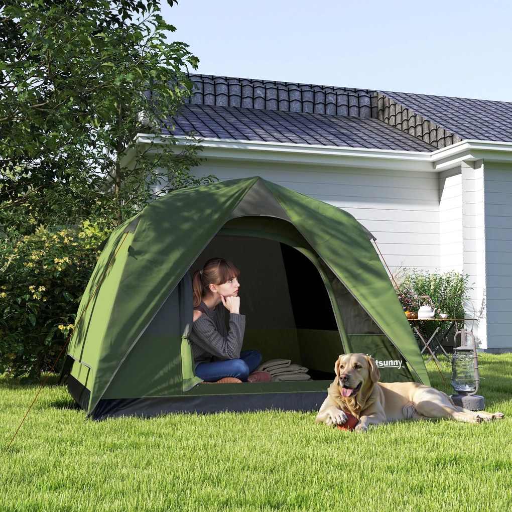 Outsunny Stan pro 2-4 Osoby, Nepromokavý Rodinný Stan, s Okny, Kapsou, Nosným Pytlem a Háčkem, pro Pikniky, Turistiku, Trekking a Kempování, Olivově Z