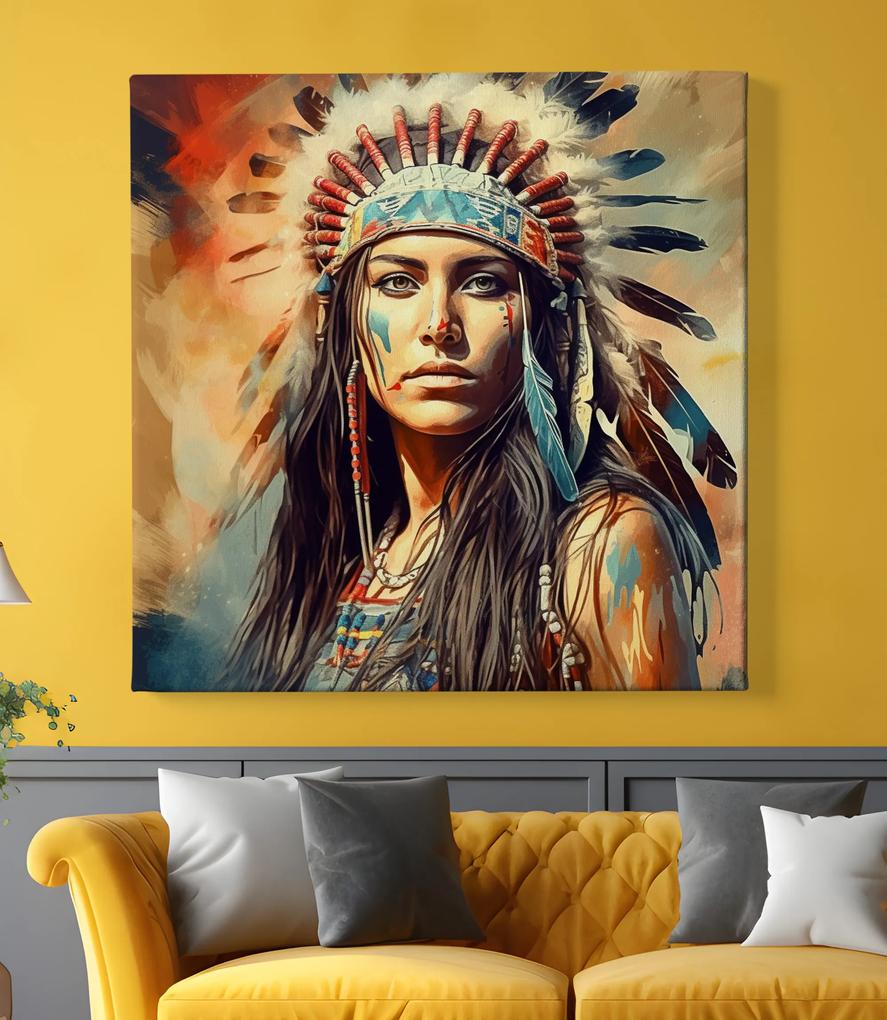 Obraz na plátně - Indiánská žena modré pírko FeelHappy.cz Velikost obrazu: 140 x 140 cm