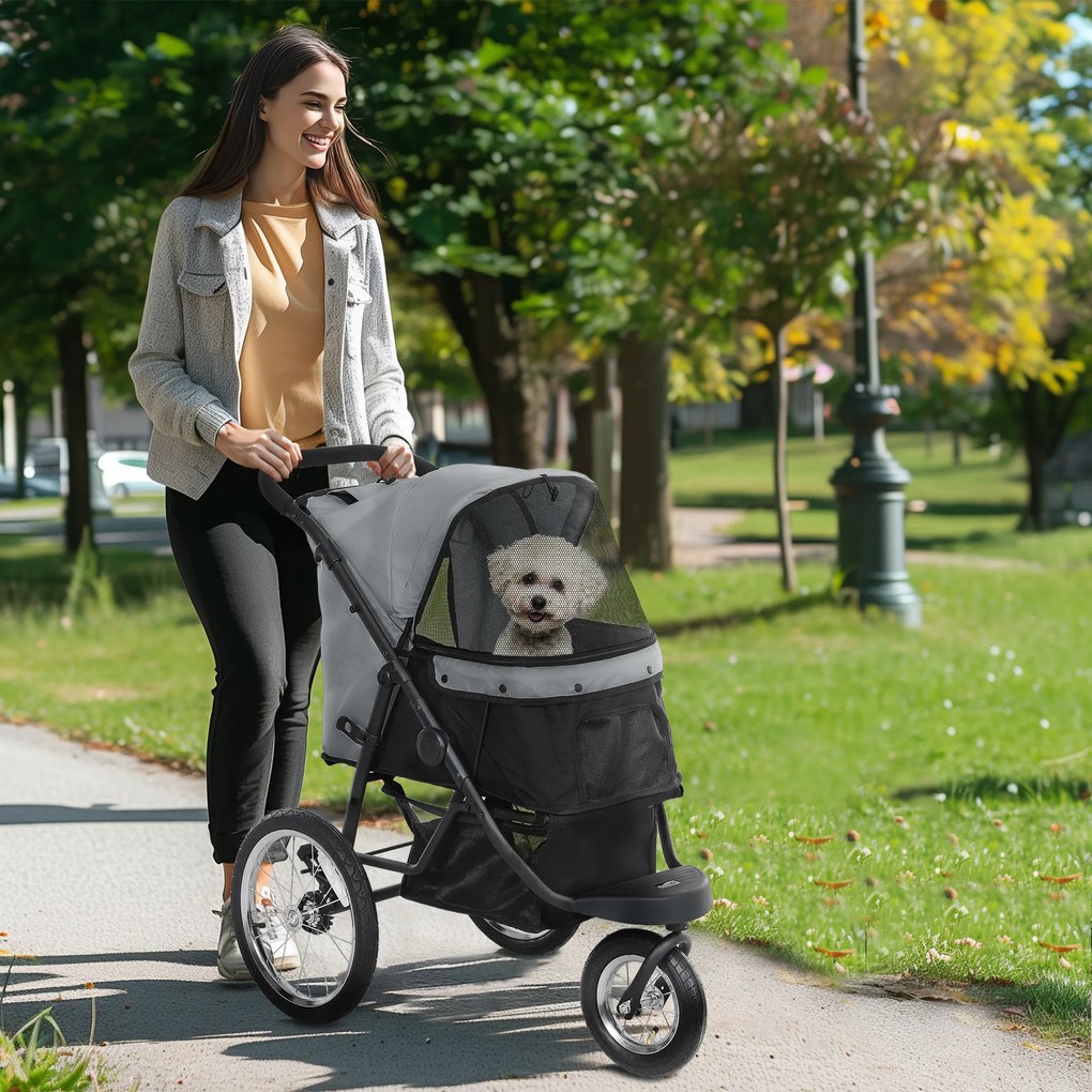 PawHut kočárek pro psy a jogger pro malé psy a kočky do 10 kg se 3 velkými gumovými koly, síťovanými okny a bezpečnostními pásy, Šedá