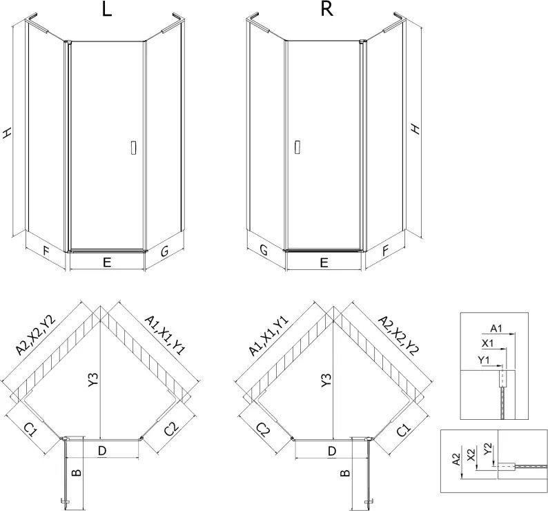 Mexen Mist L, pětiúhelníkový sprchový kout s křídlovými dveřmi, 80 x 100 cm, 8mm čiré sklo, černý profil, 8A8L-080-100-70-77-P