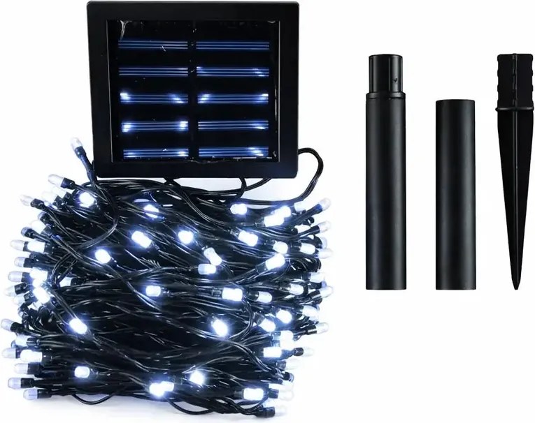 LED venkovní solární světýlka na zahradu, 20 m, ledově bílá, 200 diod, černý kabel, IP44, solární panel
