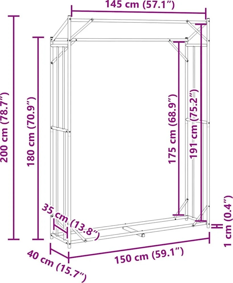 vidaXL Stojan na palivové dřevo s krytem proti dešti 150x40x200 cm [4104952]