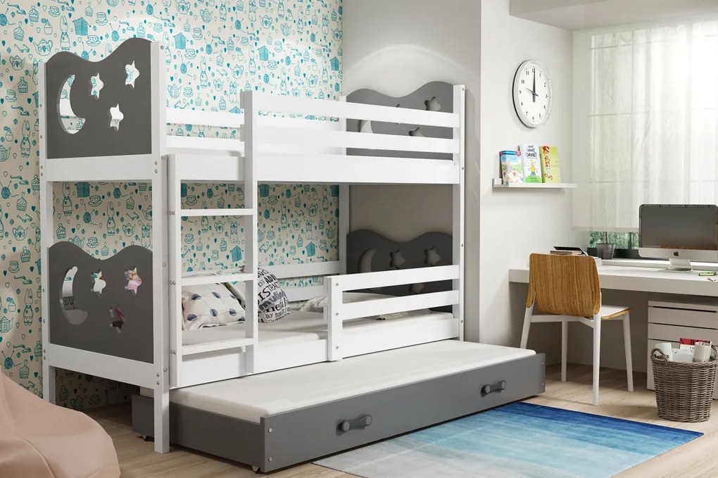 ImportWorld Dětská patrová postel Bohdan - 3 osoby, 90x200 s výsuvnou přistýlkou –  Bílá, Grafit