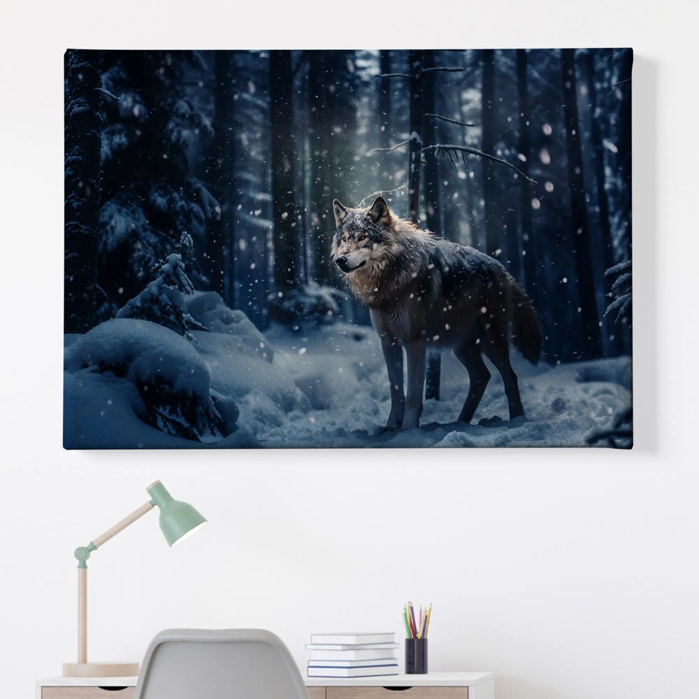 Obraz na plátně - Vlk ve sněhové vánici FeelHappy.cz Velikost obrazu: 180 x 120 cm
