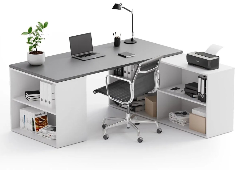 PLAN Kancelářský psací stůl s úložným prostorem BLOCK B01, bílá/dub přírodní