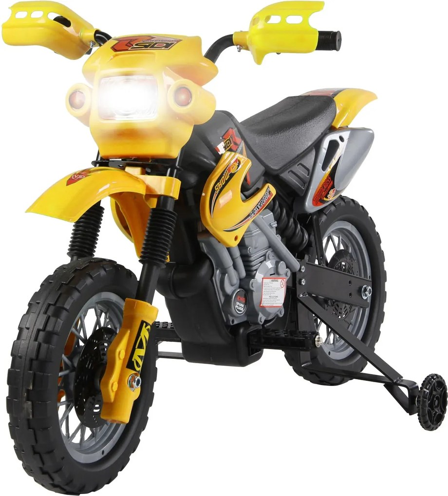 HOMCOM Dětská Elektrická Motorka, Krosová Motorka pro Děti s 6V Baterií, Světly, Hudbou a Přídavnými Koly, Věk 3-6, Nosnost 25KG, Žlutá a Černá | Aoso