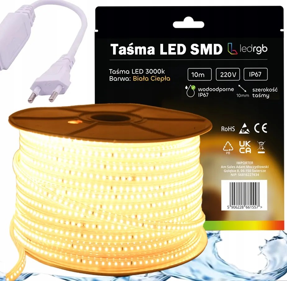 Set Led pásek Smd 220V 230V 10m 3000K Bílý Teplý Napájecí Zdroj IP67 120/m