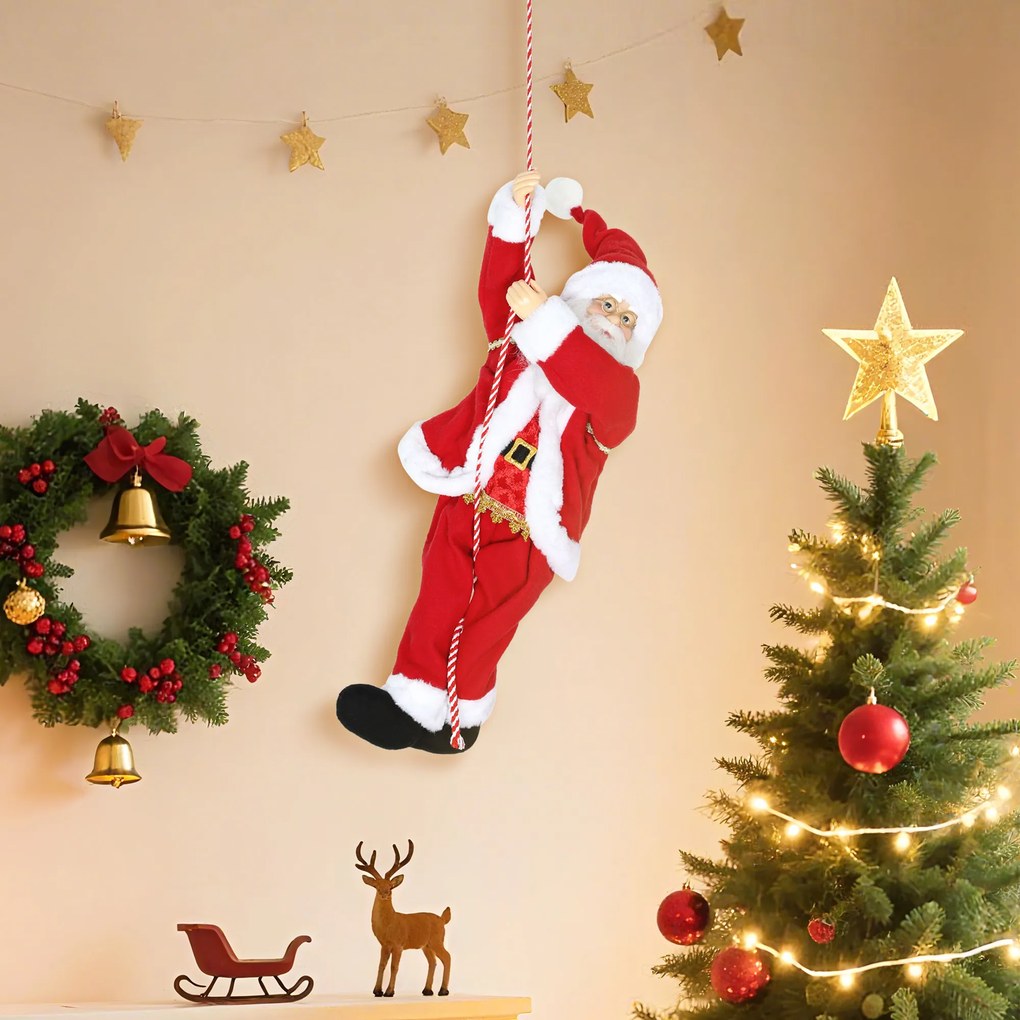 HOMCOM Santa Claus 60 cm zpívající a lezoucí Santa Claus s dárkem, lanová zvuková funkce do interiéru, červený
