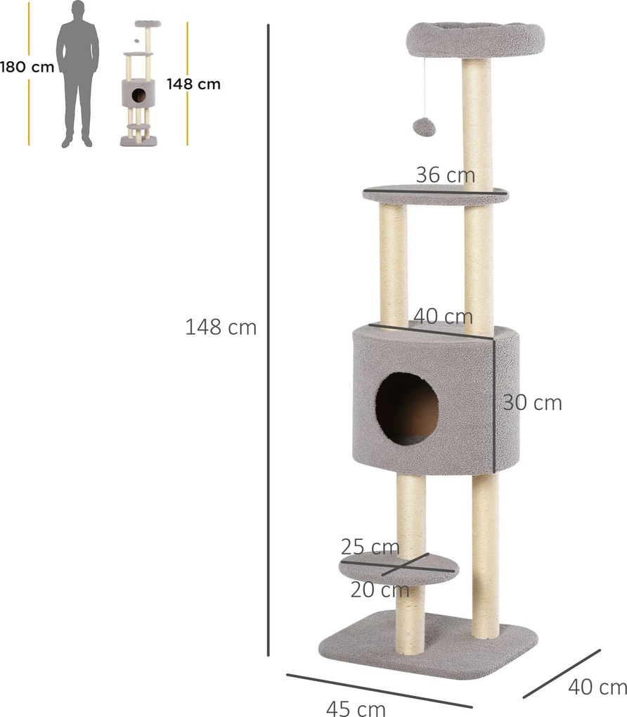 PawHut Kočičí škrabadlo výška 148 cm kočičí věž se sisalovými sloupy 3 platformami, domečkem a visící koulí šedá