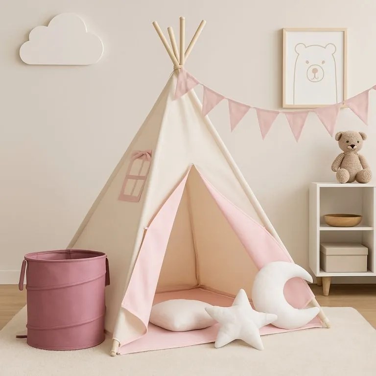 Dětský stan teepee růžovo-béžový s výbavou do pokojíčku
