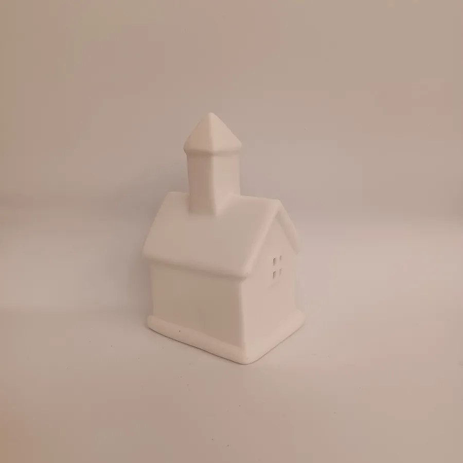 LED dekorace kostelíček na baterie 7,5 × 6 × 12 cm, keramický, LR44, teple bílá
