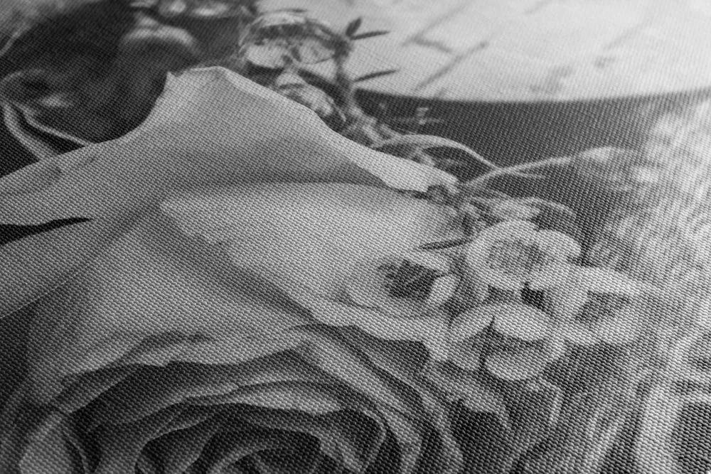 Obraz růže a srdíčko v jutě v černobílém provedení Varianta: 60x40