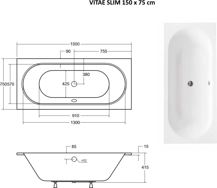 Besco VITAE SLIM 150 x 75 cm VANVITAE150SLIM+OLVPINOZ vana vč. nožiček