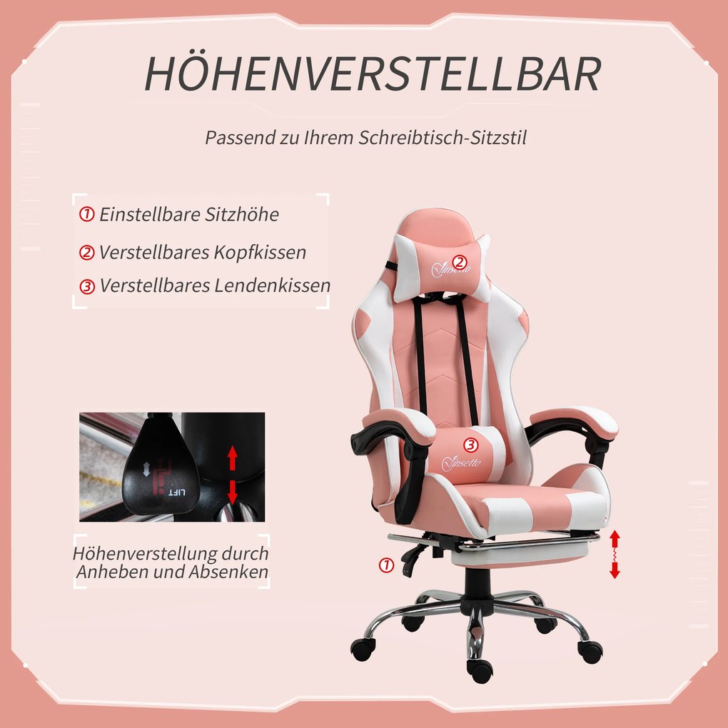 Herní židle Vinsetto židle k počítači ergonomická kancelářská židle s bederní opěrkou hlavy výškově nastavitelná 360° otočná růžová+bílá