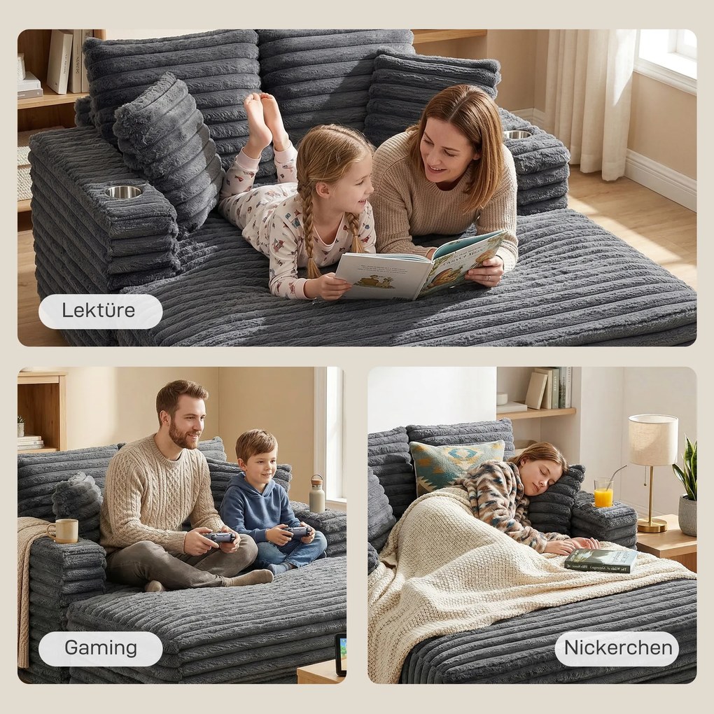 HOMCOM rozkládací pohovka pro 2 osoby s chaise, šedý kordurový potah, polštářky, područky s držáky na nápoje – 134 × 151 × 89 cm