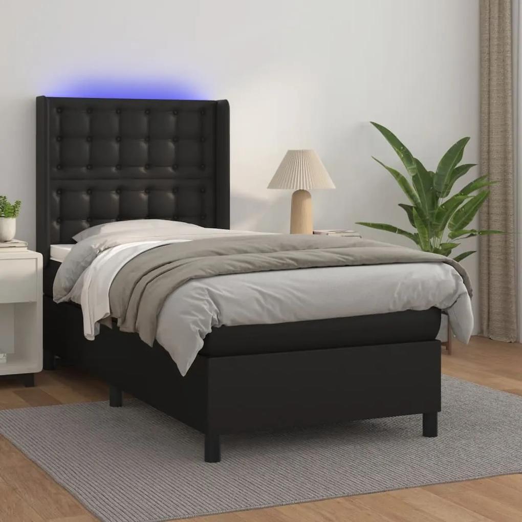 Box spring postel s matrací a LED černá 90x200 cm umělá kůže,  3139361