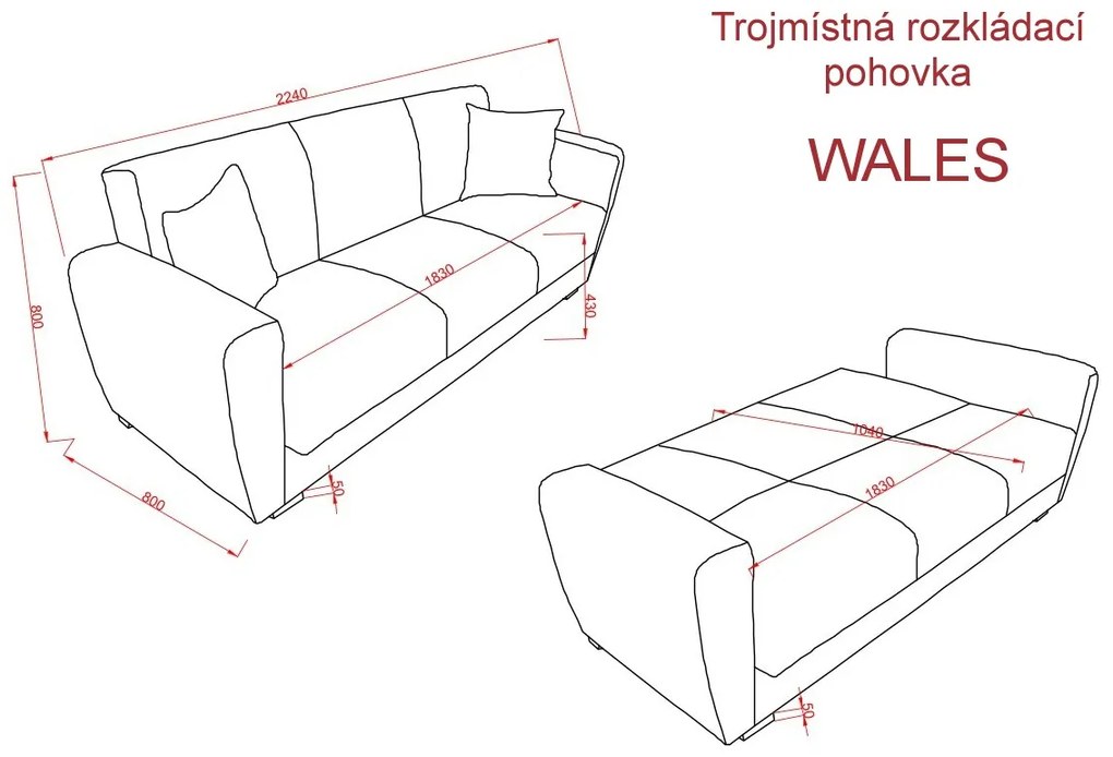 Trojmístná rozkládací pohovka s úložným prostorem Wales - šedá