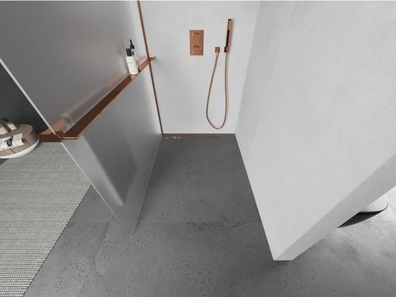 Mexen Kioto+ L, sprchová zástěna Walk-In s poličkou a věšákem 100 x 200 cm, 8mm sklo námraza, růžové zlato profil, 800-100-123-60-30