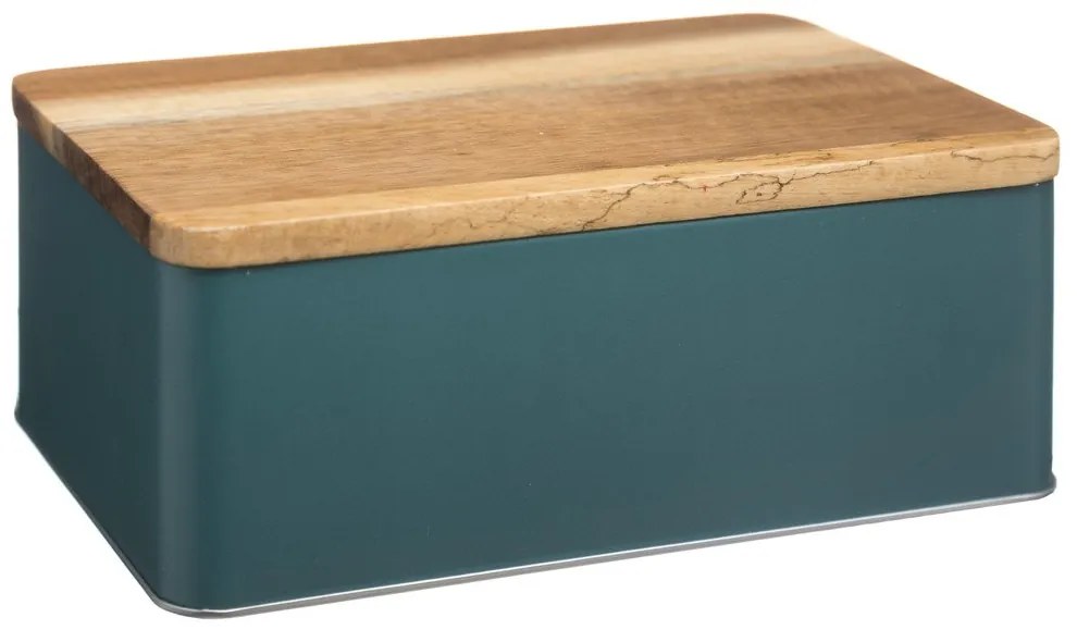 Praktická nádoba z kovu zelené barvy s dřevěným víkem, ozdobná krabička s víkem z akátového dřeva