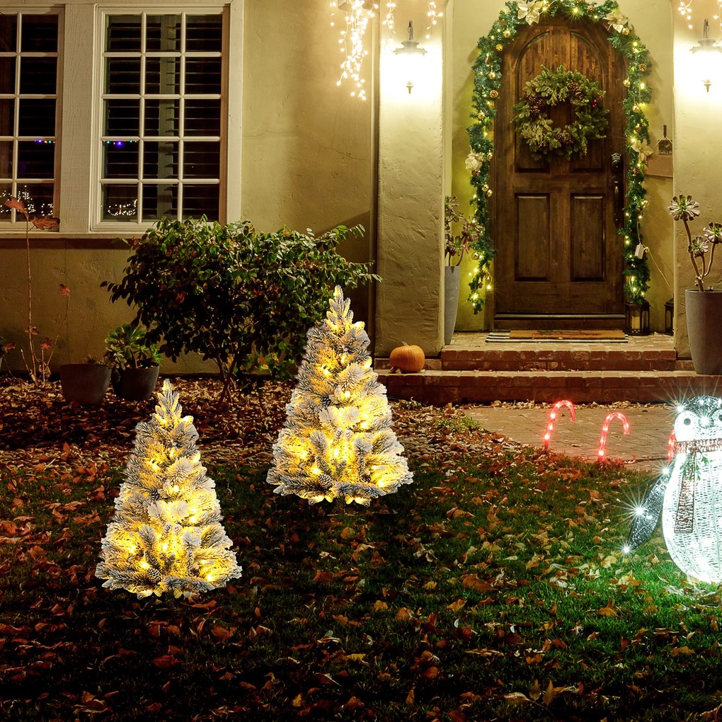 HOMCOM Vánoční stromek s LED osvětlením, sada 2 ks, 107 cm, šišky, červené bobule, nehořlavý, zelená/bílá
