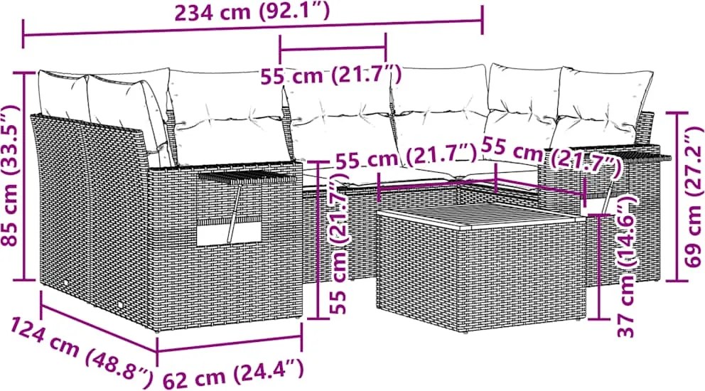 7dílná zahradní sedací souprava s poduškami černá polyratan 3256791