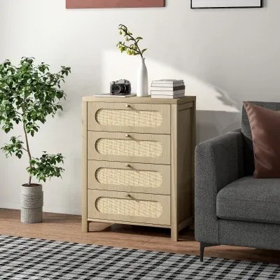 HOMCOM komoda 4 zásuvky úložný nábytek ve stylu Bohéme s dveřmi z pletené pryskyřice, 70 x 38 x 93 cm, vzhled přírodního dřeva