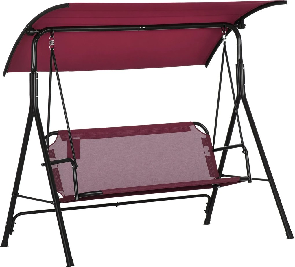 Zahradní houpačka Outsunny pro 3 osoby s nastavitelnou sluneční clonou, prodyšným potahem a kovovým rámem, nosnost do 240 kg, 172x110x153 cm, vínová č
