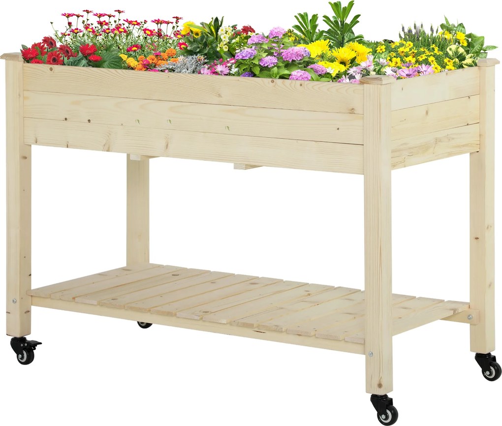 Outsunny Zvednutý městský zahradní stůl 118x55x83 cm Dřevěné zvýšené lůžko se policí Geotextilní látka Kola s brzdami Přenosné pro zahradničení na te…