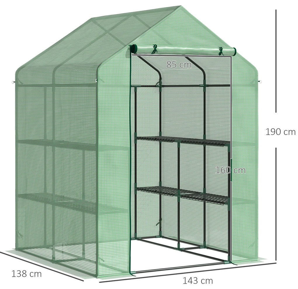 Outsunny polytunelový skleník Walk-in skleník s 8 policemi pro rajčata, ocel a PE plast, zelený, s dvířky pro optimální péči o rostliny