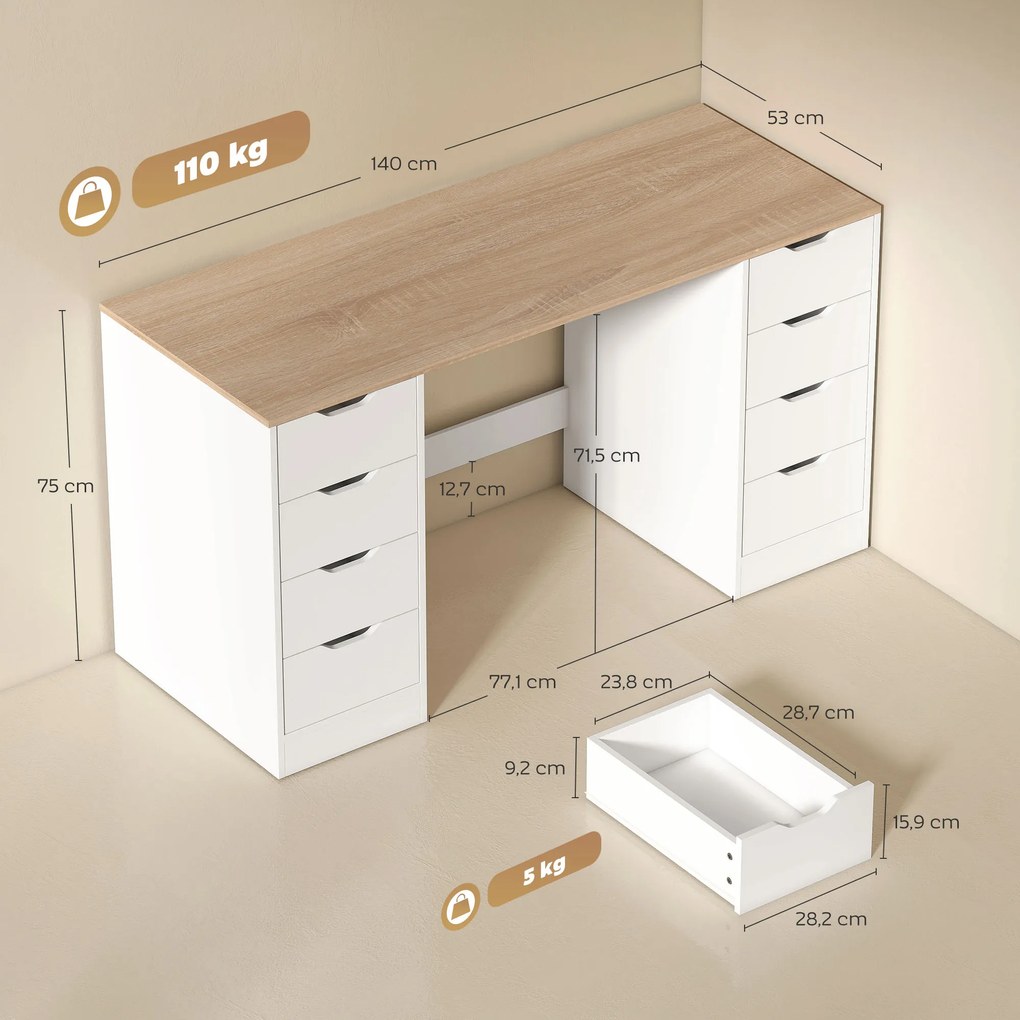 HOMCOM 140 cm počítačový stůl, 8 zásuvek, psací stůl pro domácí kancelář, ložnici, ocel, dřevo, přírodní