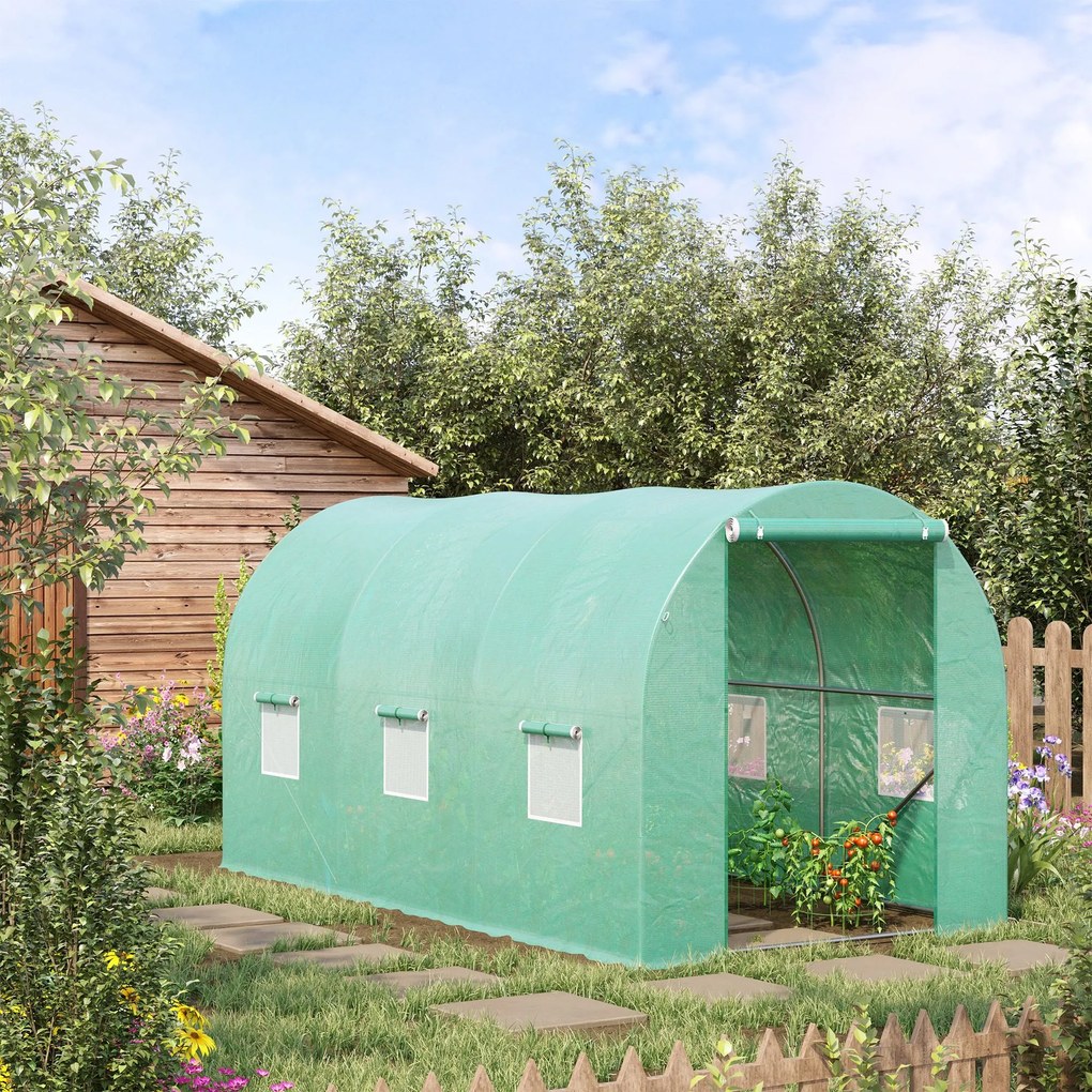 Skleník Outsunny 395x195x190 cm – fóliový skleník s dveřmi a 6 okny, stabilní skleník z pozinkované oceli a PE, včetně kotvících kolíků a šňůr | Aosom