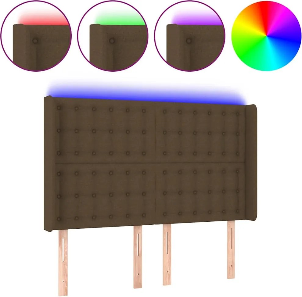 Čelo postele s LED tmavě hnědé 147 x 16 x 118/128 cm textil 3124483