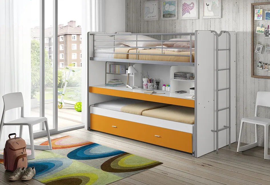 Patrová postel s výsuvným stolkem a šuplíkem oranžová 160cm 90x200cm