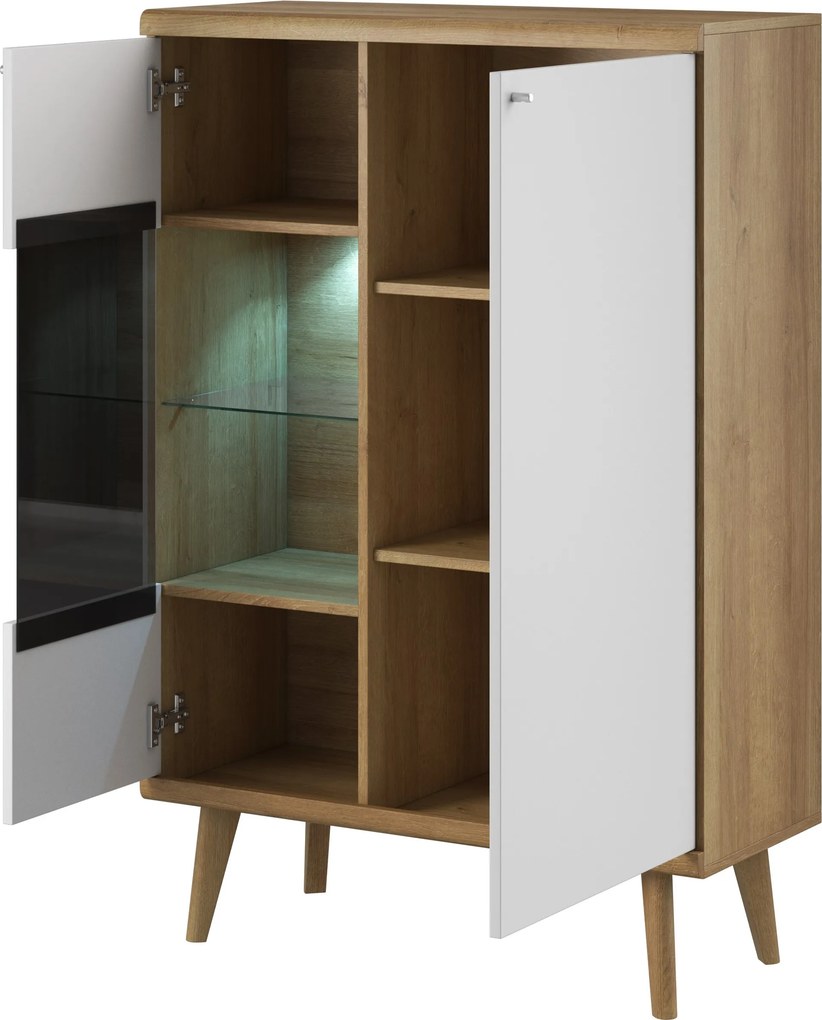 PSK Vitrínová skříň PORO, Dub Riviera/Bílá 90 cm