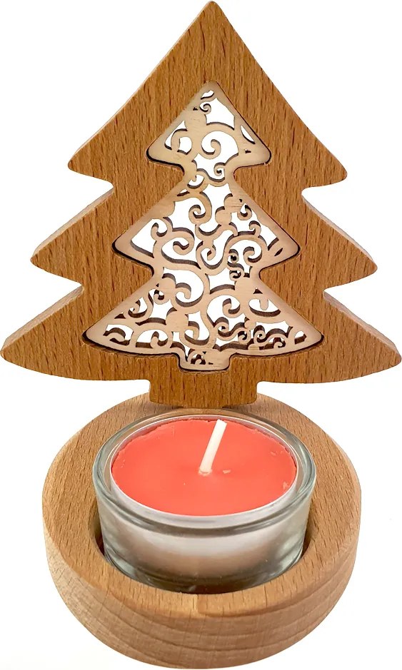 AMADEA Dřevěný svícen stromek s vkladem - ornament, masivní dřevo, výška 10 cm