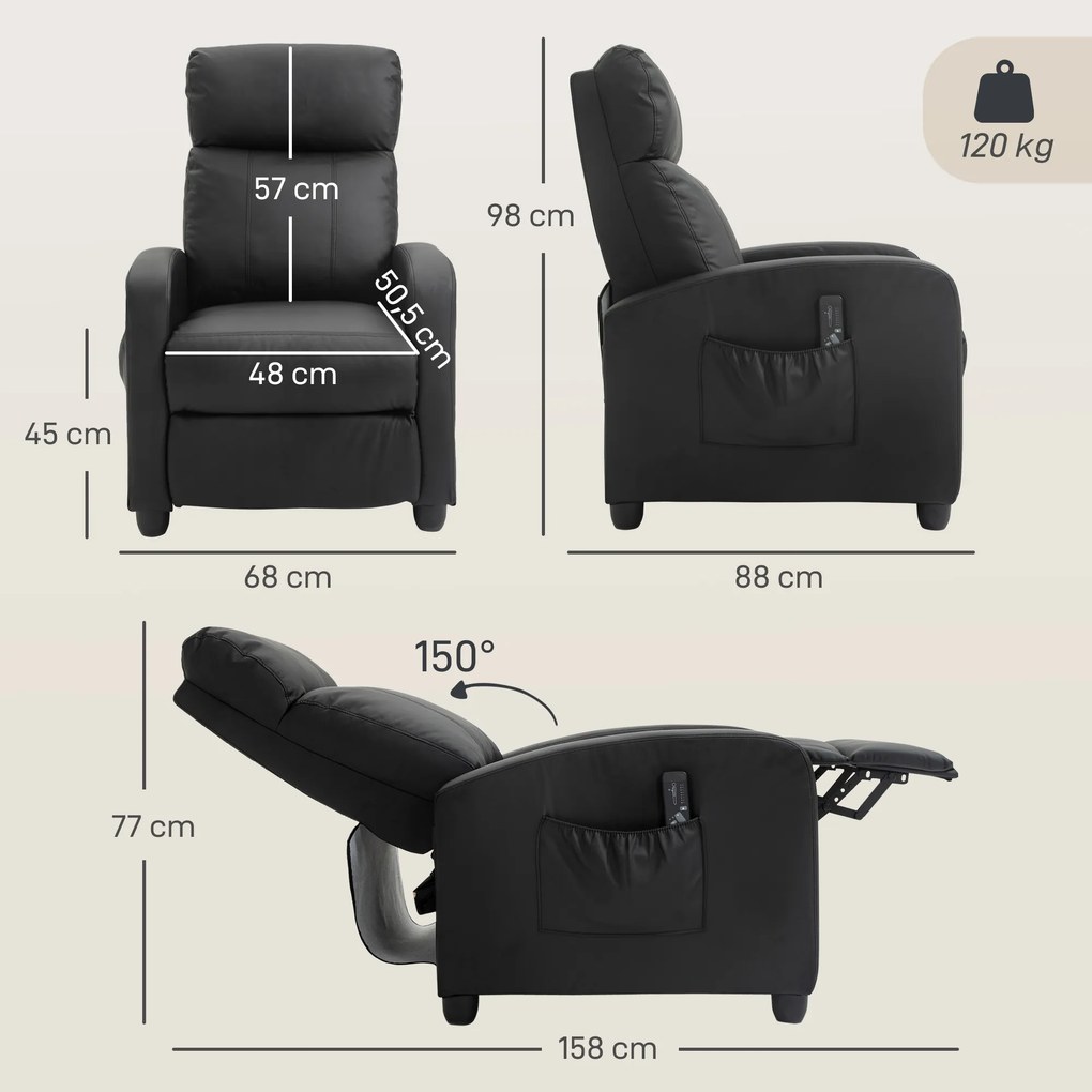 HOMCOM Masážní křeslo Relaxační křeslo TV křeslo 2bodové masážní s opěradlem, polohovací z PU pěny Černá 68 x 88 x 98 cm