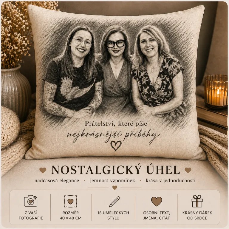 Personalizovaný polštář z fotografie – umělecký portrét 45 × 45 cm Styl portrétu:: Perokresba